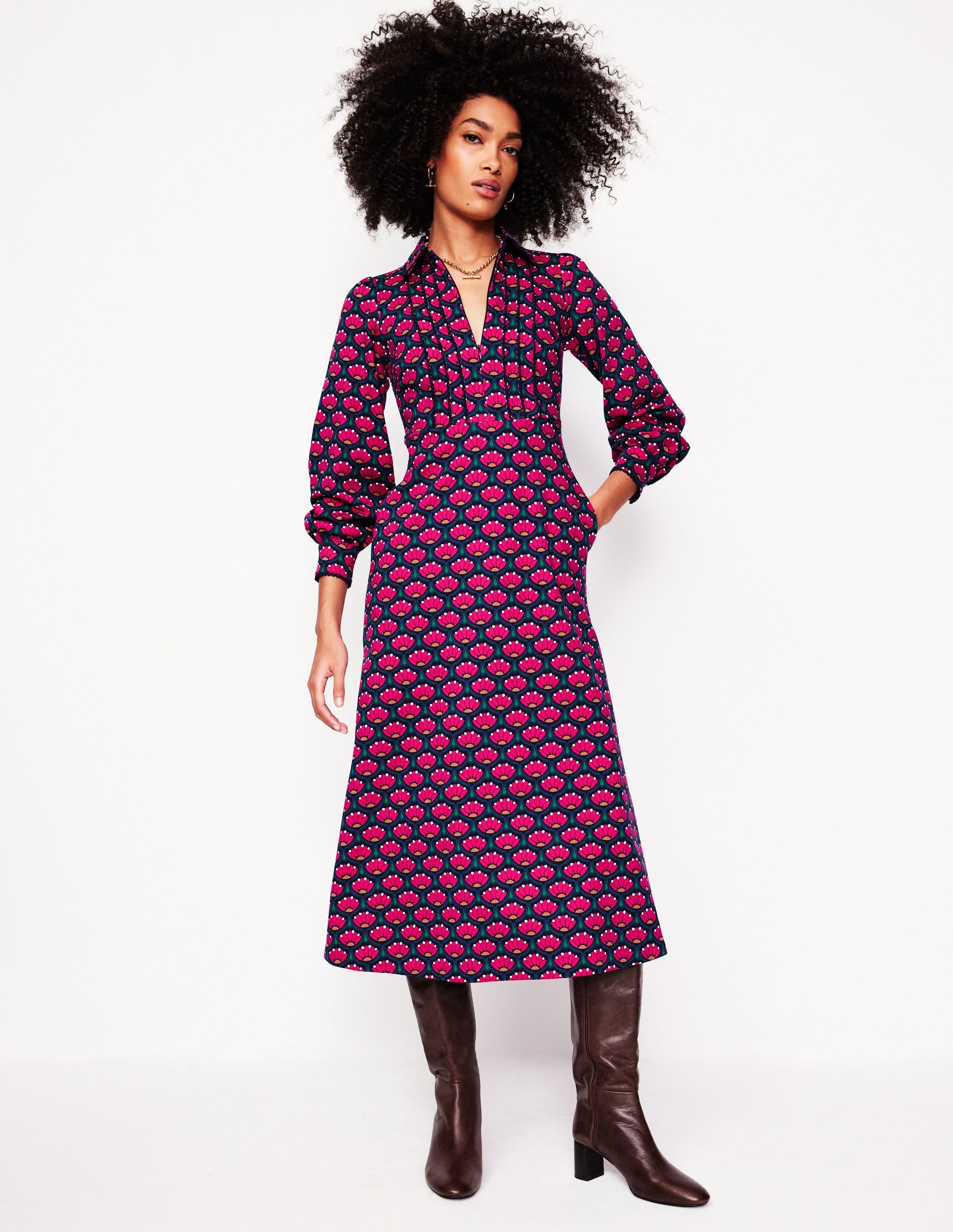 Piping Zip-up Ponte Dress-Bright Pink, Lotus Stamp | Boden UK