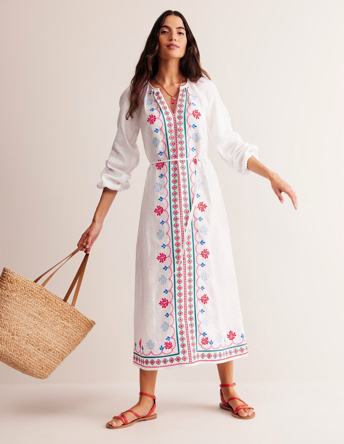 Embroidered Belted Linen Dress-White, Multi | Boden UK
