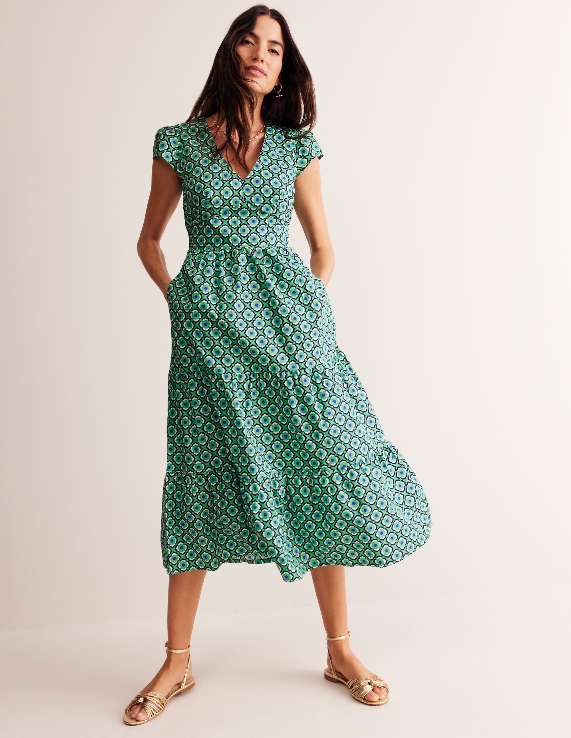 May Cotton Midi Tea Dress-Ming Green, Geo Pome | Boden UK