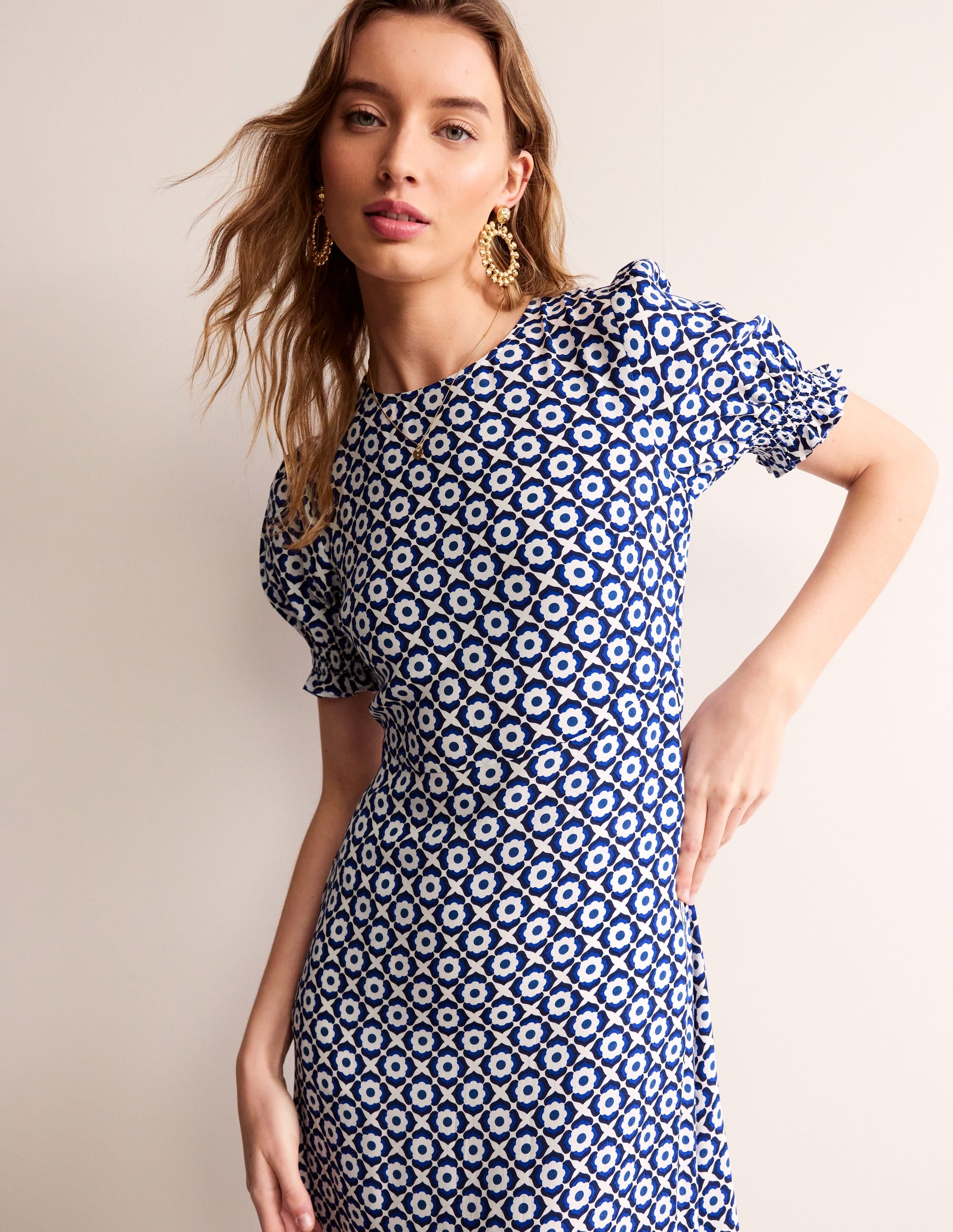 Corinne Midi Tea Dress-French Navy, Geo Pome | Boden UK