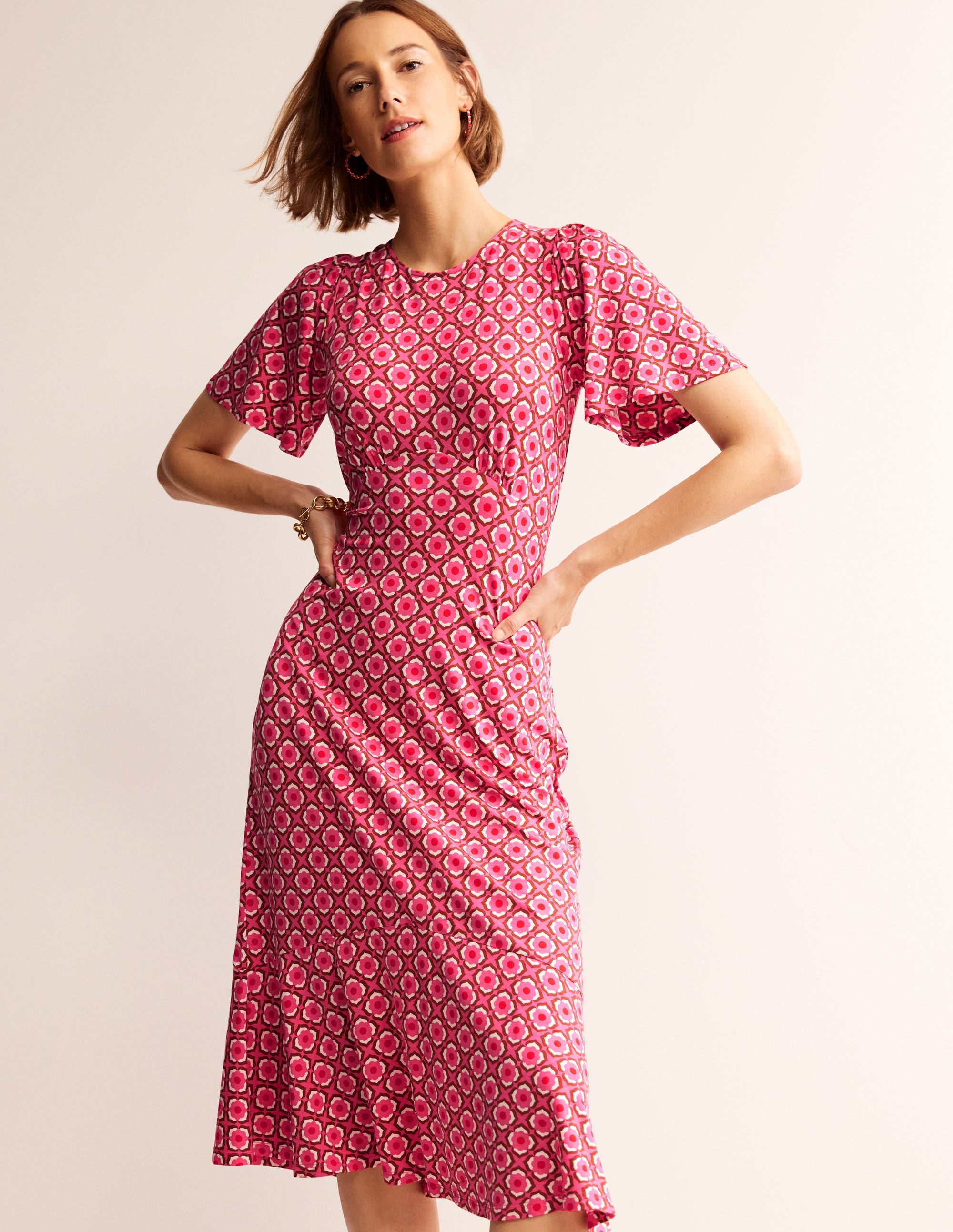 Felicity Jersey Midi Tea Dress-Sangria Sunset, Geo Pome | Boden UK