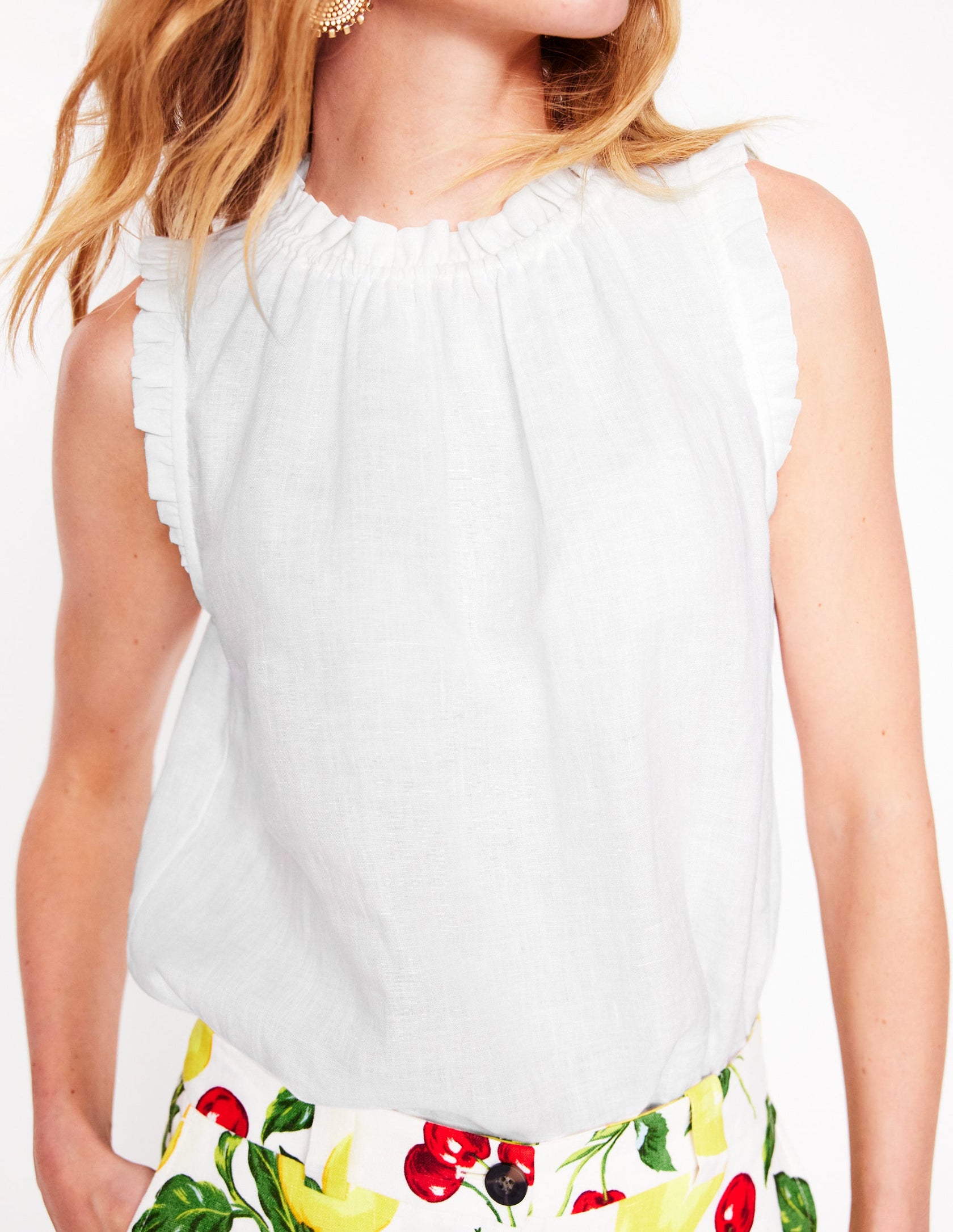 Sophie Ruffle Linen Top-White | Boden Global