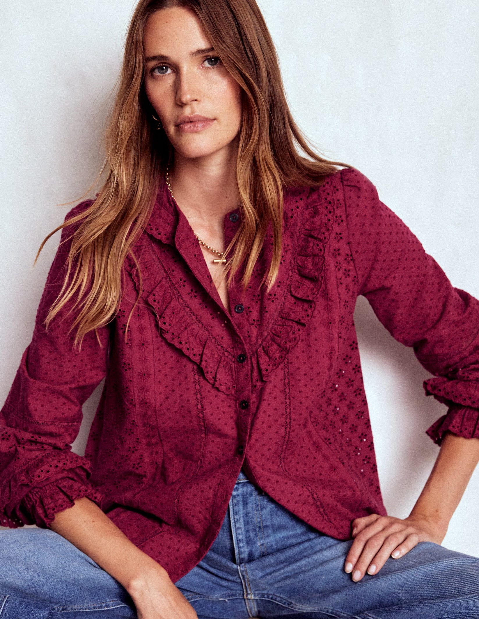 Broderie Ruffle Top-Ruby Red | Boden Global