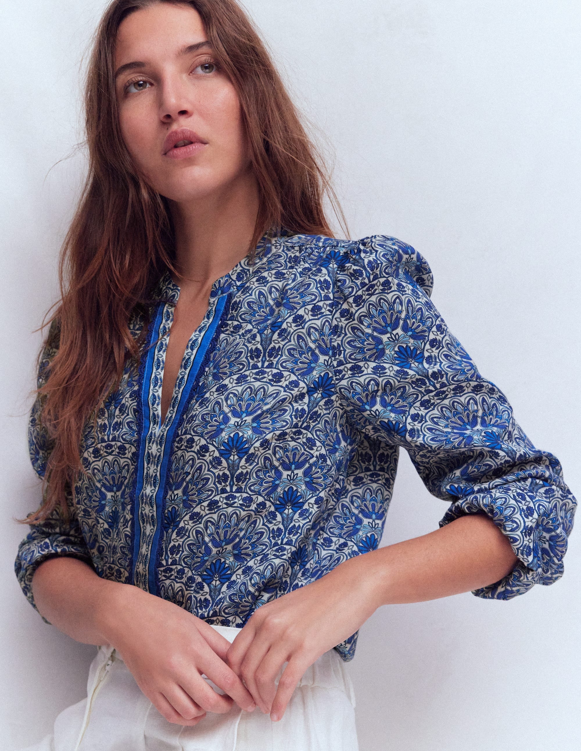Linen Trim Insert Top-Blue, Elaborate Terrace | Boden Global