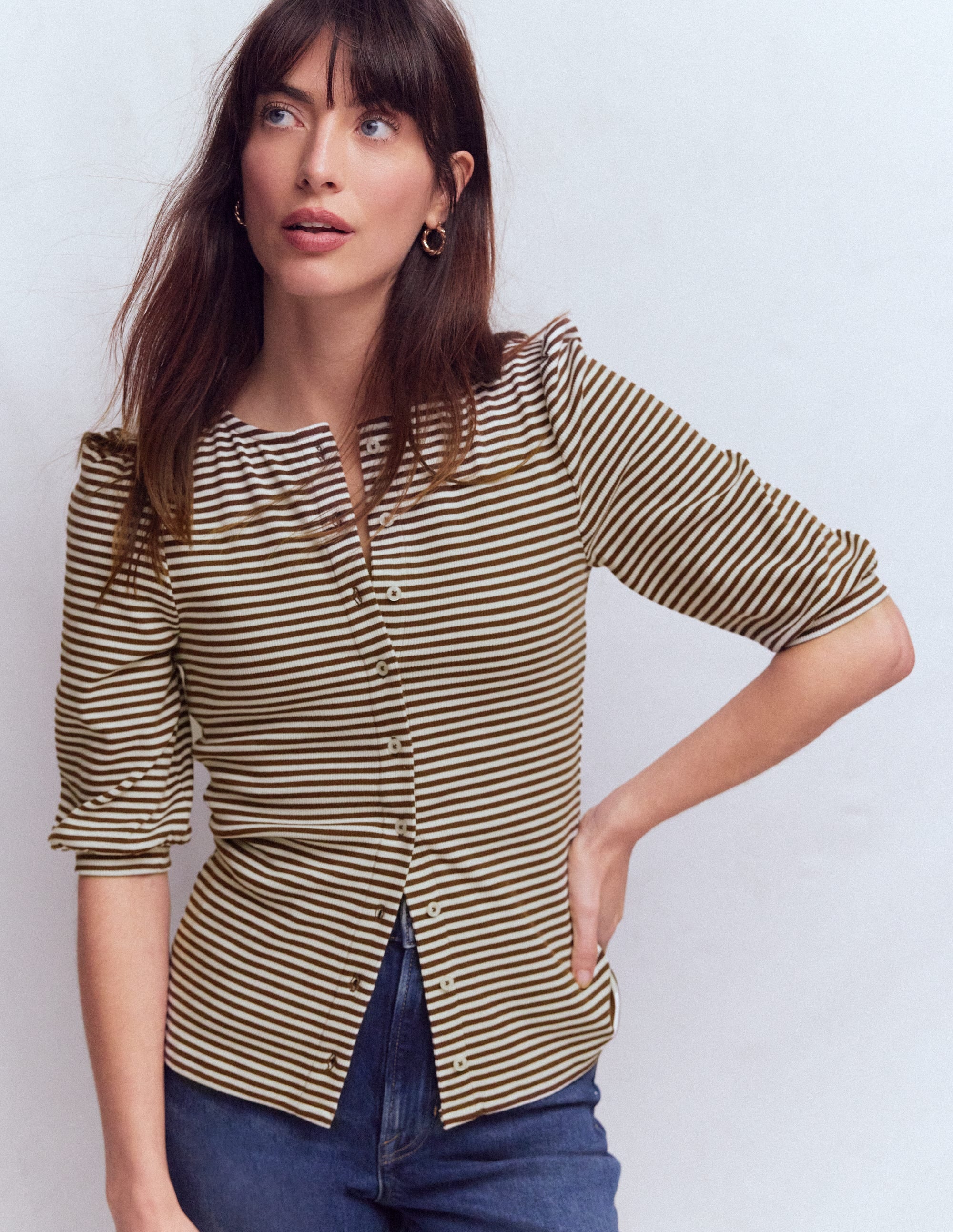 Evie Ribbed Puff Sleeve Top-Potting Soil, Ivory Stripe | Boden Global