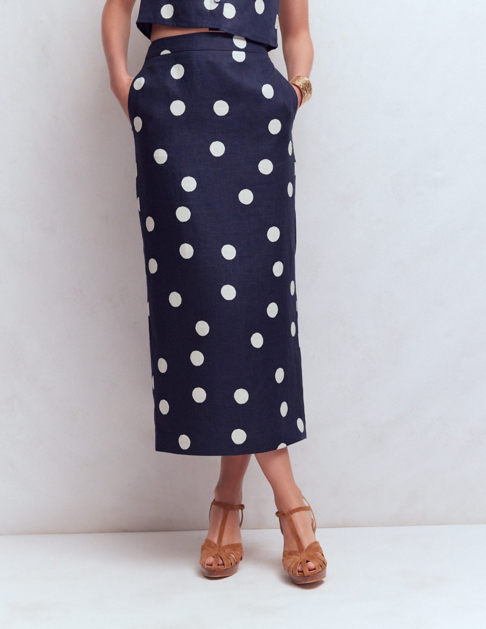 Longline Column Skirt-French Navy, Ivory Spot | Boden Global